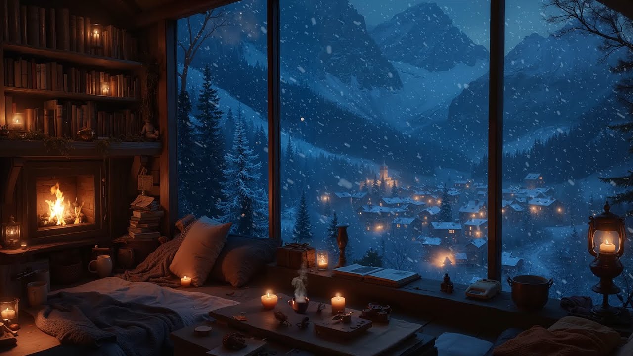 Cozy Winter Cabin Study 🕯️ Dark Academia Fireplace Ambience with Snowy ...