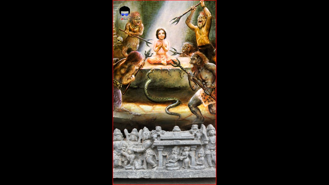 Carving tells the story of Prahlad, an extreme devotee of Lord Vishnu ...