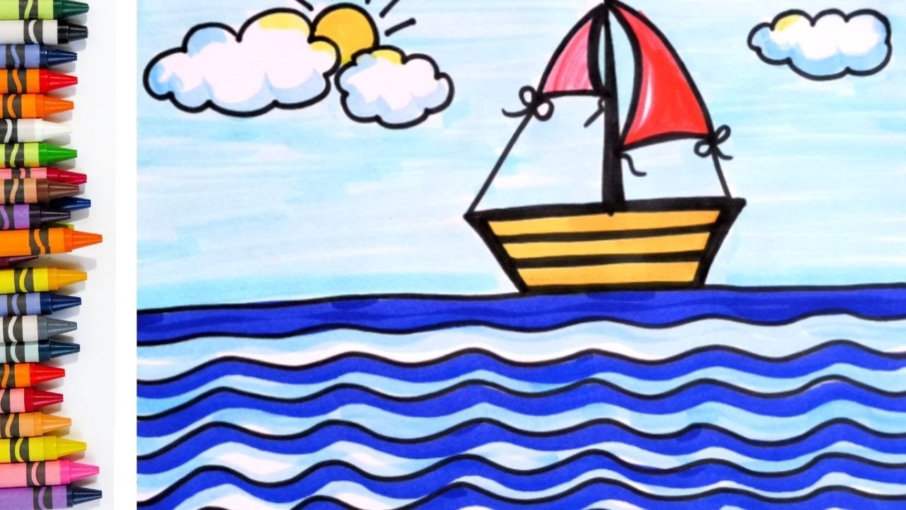 How to Draw a Senery, bright day sea scenery drawing, coloring for kids ...
