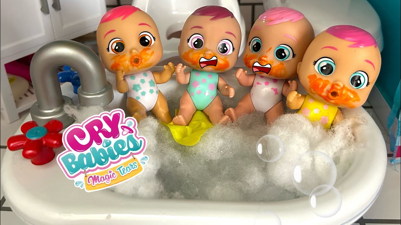 Cry baby dolls make a mess! Bath routine swimming in the bath 🛁 - YouTube
