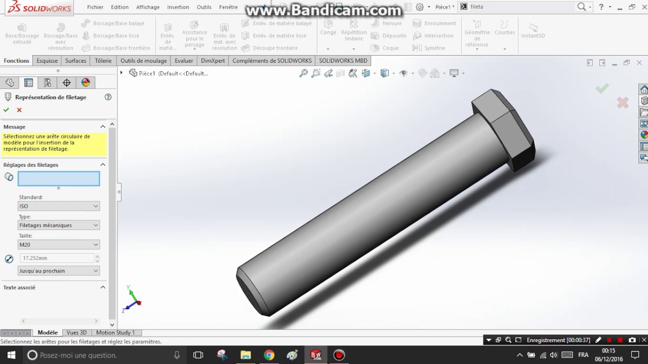 filetage en solidworks (représentation simple) - YouTube