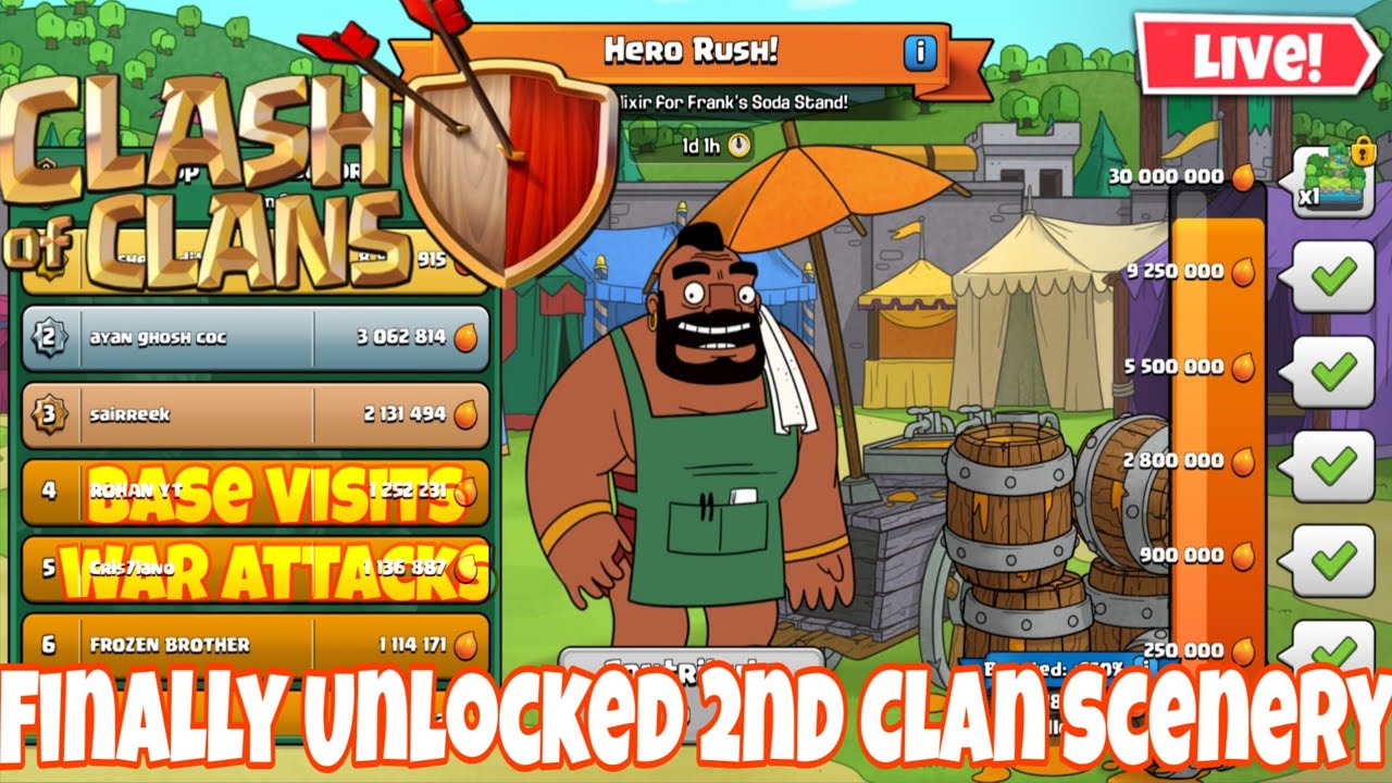 FINALLY UNLOCKED 2nd CLAN SCENERY | Clash of Clans LIVE | Base Visits ...