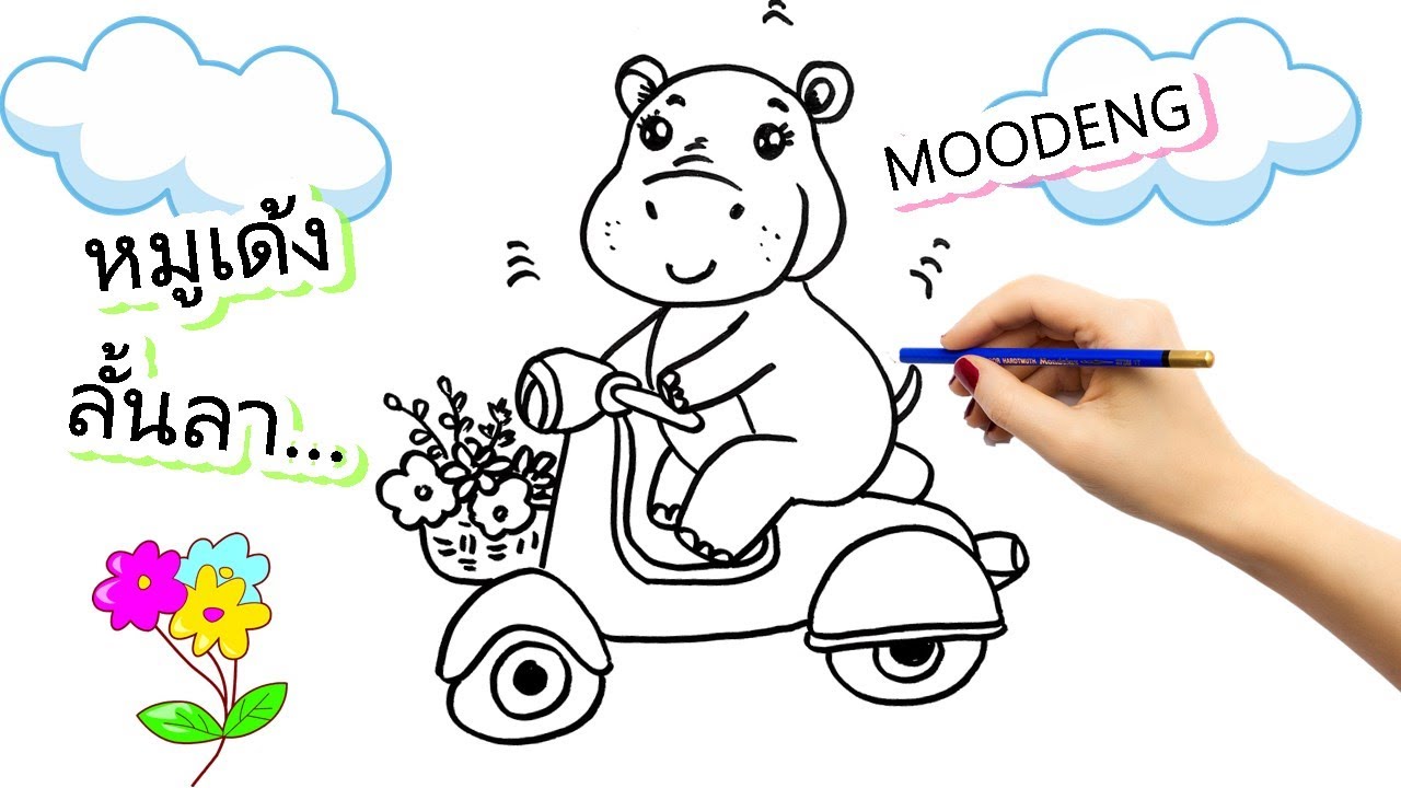 How to draw cute baby hippo MOODENG. วาดรูปหมูเด้งขี่สกุตเตอร์ วาดรูป ...