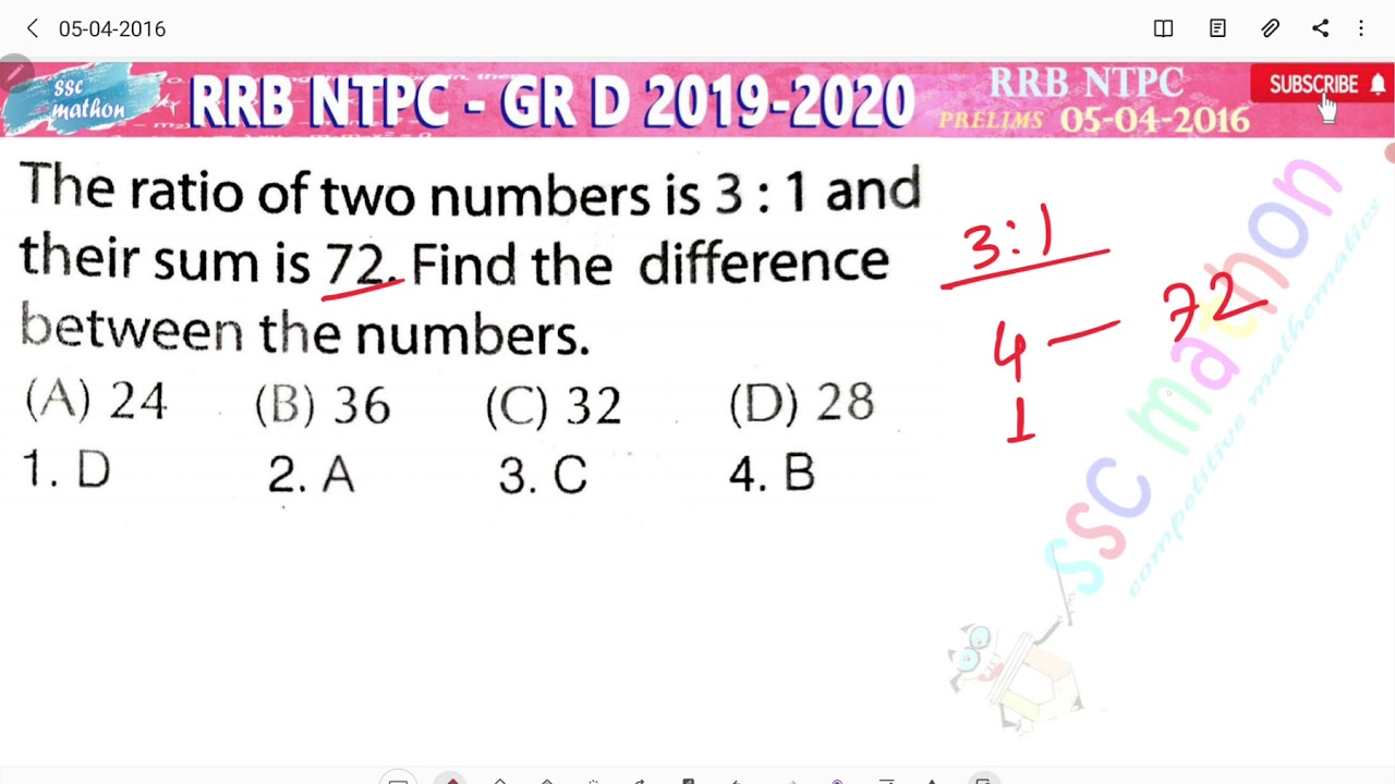 the ratio of two numbers is 3:1 and their sum is 72 find the difference ...