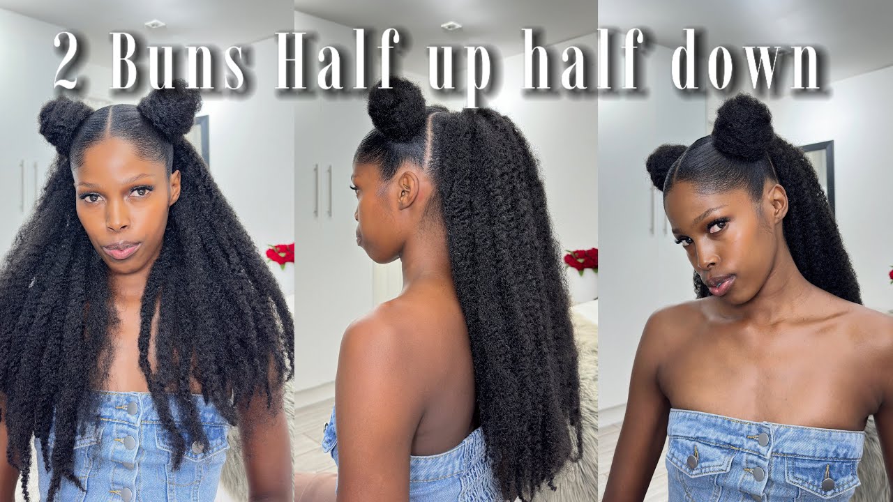 2 Buns Half up Half down Kinky Braid hairstyle | QUICK AND EASY | Step by step Guide - YouTube