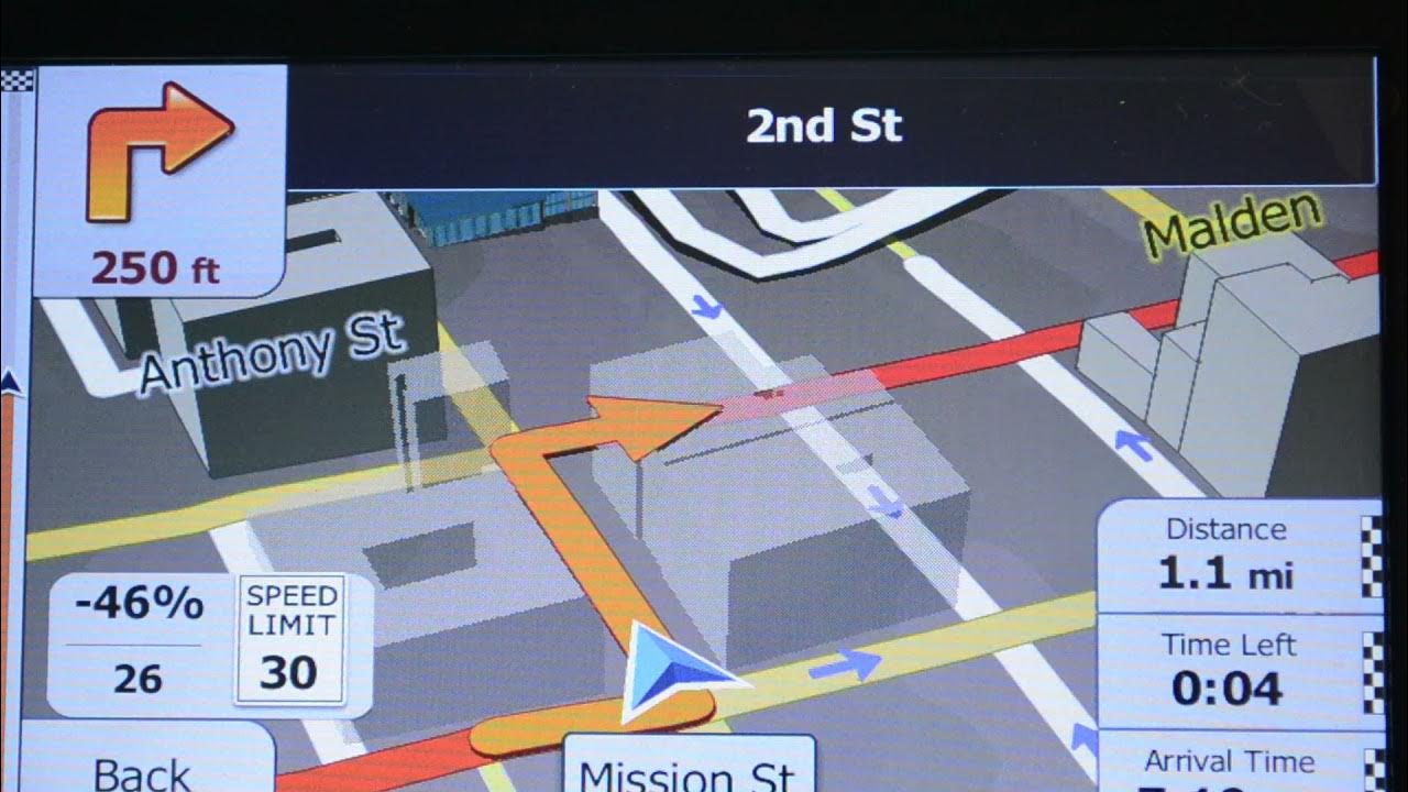 Demo on iGO Primo GPS map software in the San Fransico, USA, 3D view ...