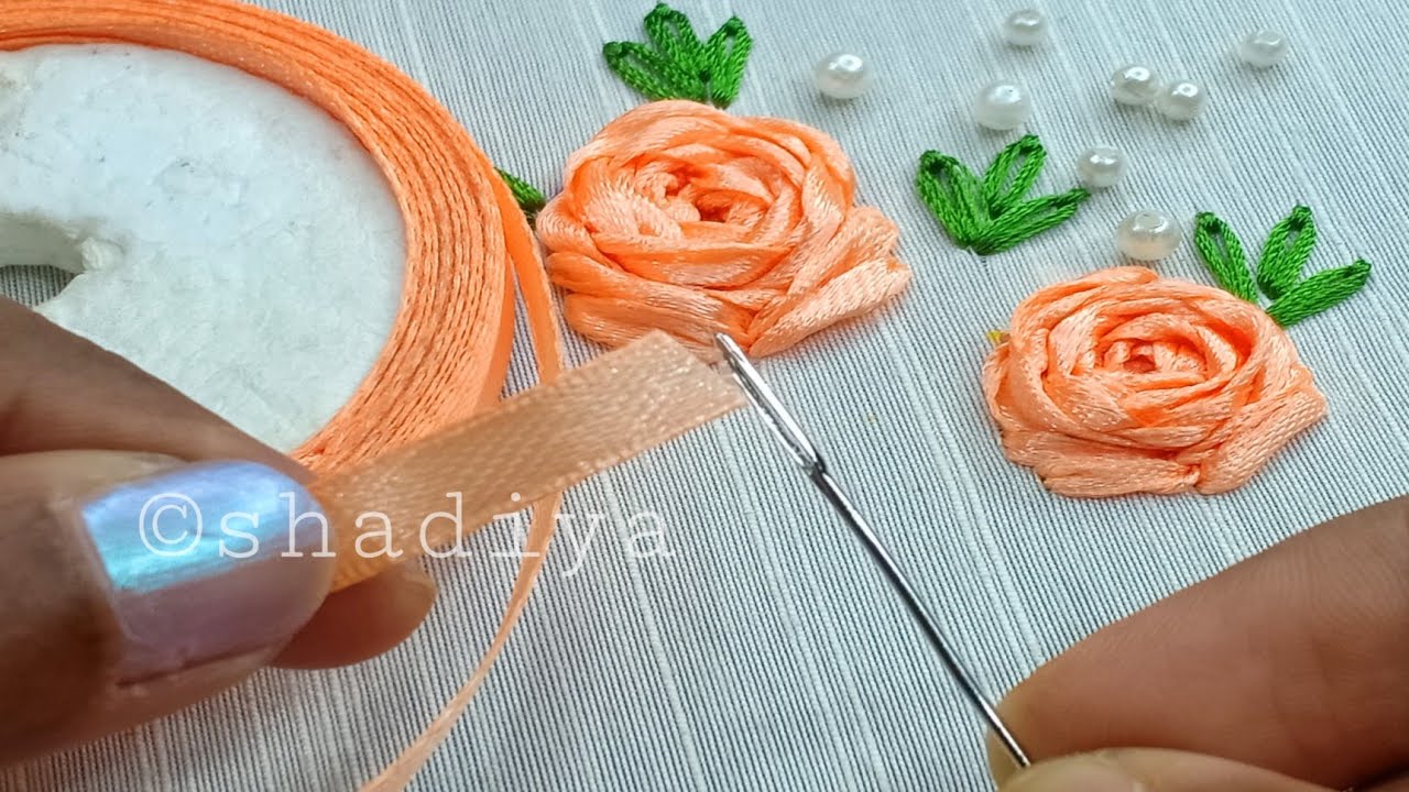 Hand embroidery ribbon rose design|hand embroidery for beginners - YouTube