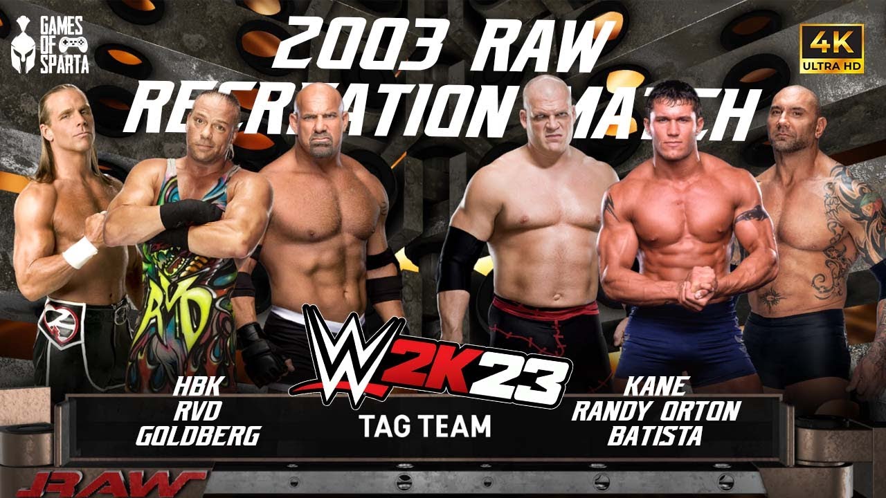 RECREATION MATCH!! | Goldberg, HBK, RVD vs Batista, Randy & Kane | Raw ...