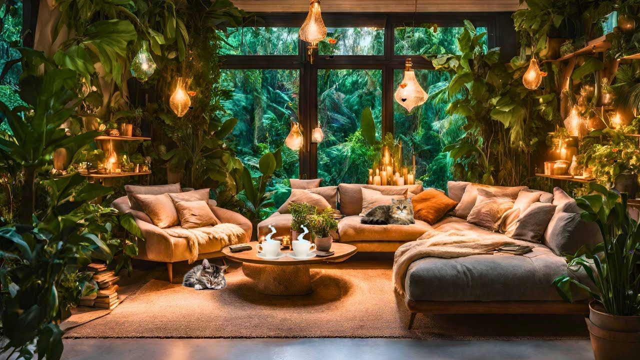 Connect with nature. Cozy Living Room in Rainforest with Gentle ...