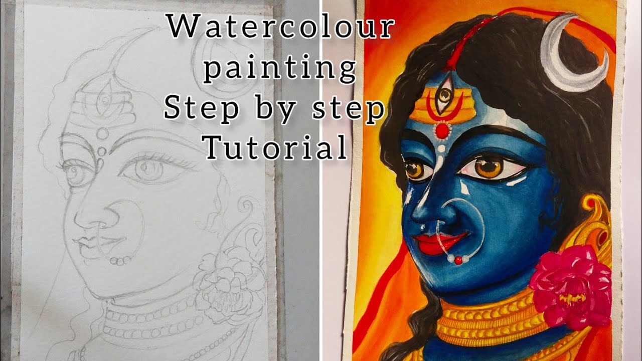 Maa Kali drawing 💙|| Maa kali drawing step by step|| water colour ...