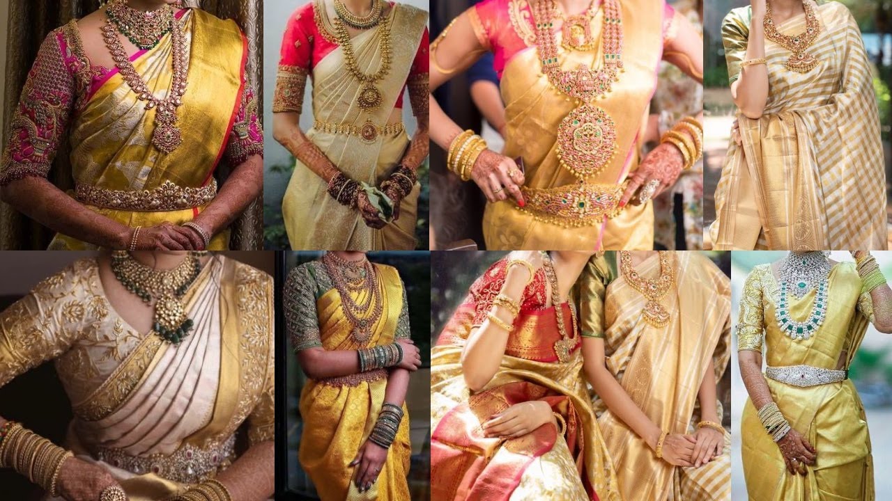 LATEST GOLD SILK SAREE WITH MATCHING JEWELLERY DESIGN IDEAS, BEAUTIFUL ...