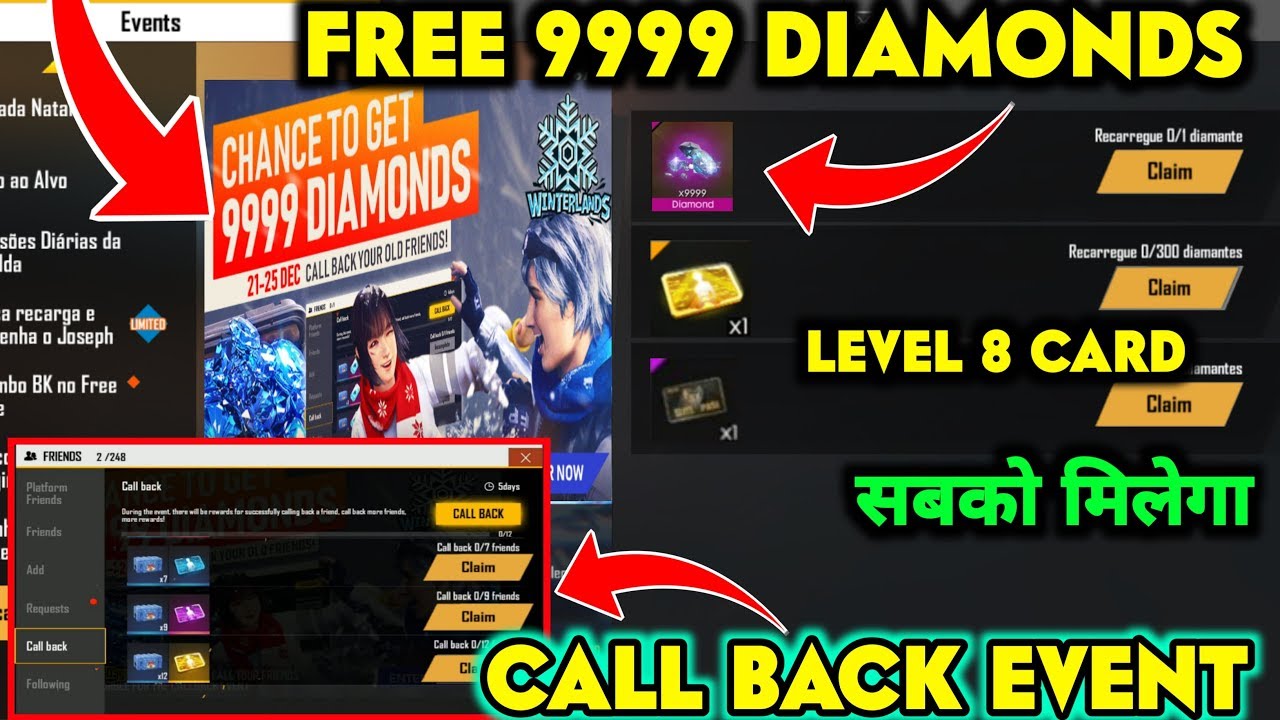 FREE FIRE 9999 DIAMONDS REWARDS IN CALL BACK EVENT || FREE FIRE NEW TOP ...