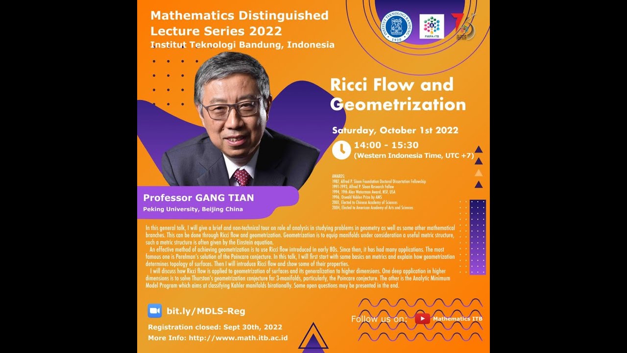 MDLS 2022- Ricci Flow and Geometrization by Prof Gang Tian - YouTube