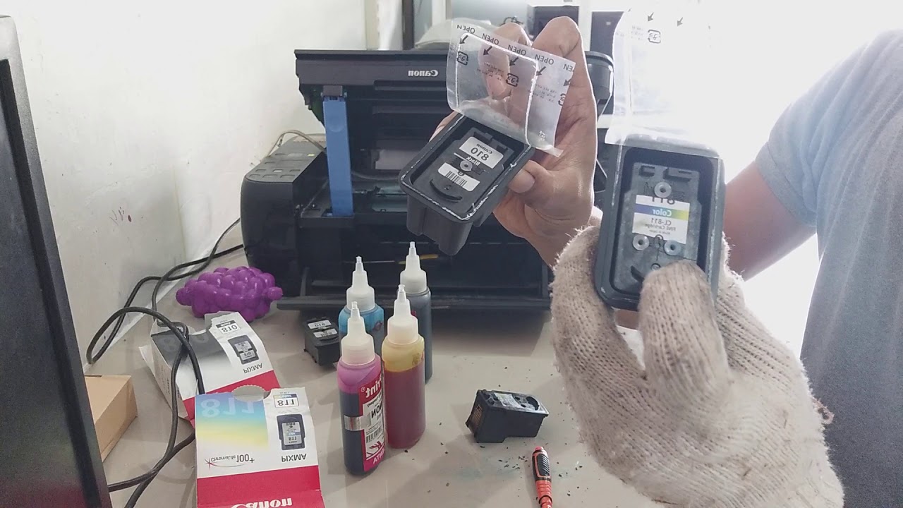 Pasang Catrik canon 810 811 infus dan isi tinta printer canon MP287 ...