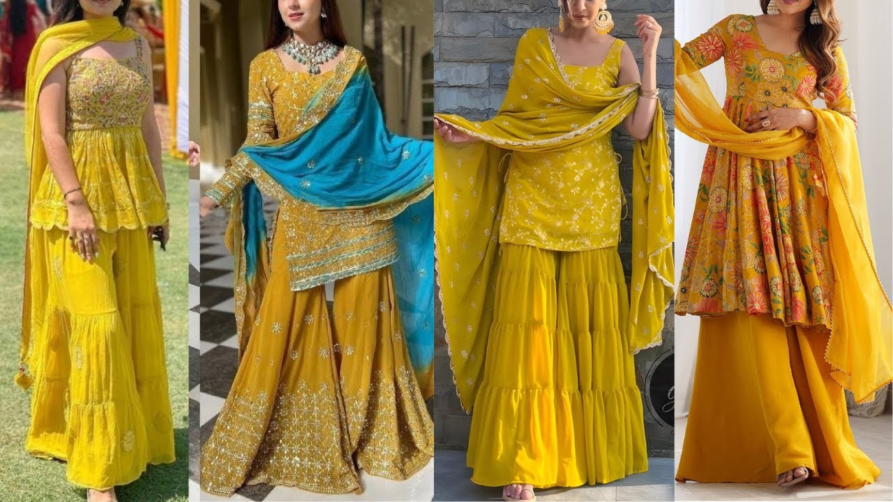 Beautiful Yellow Sharara And Gharara Designs 2025/Latest Yellow Colour ...