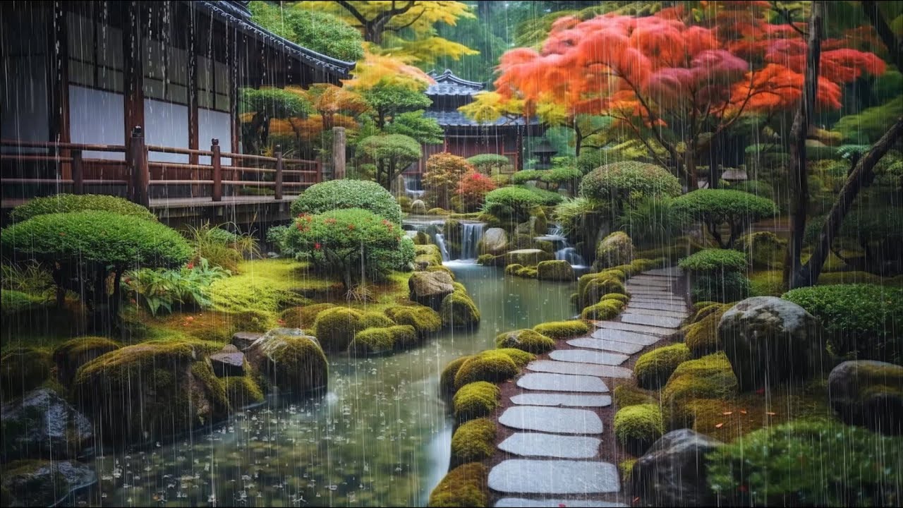 Relieve Stress With Rain In Japanese Zen Garden 🌺 Rain Sound for Stress ...
