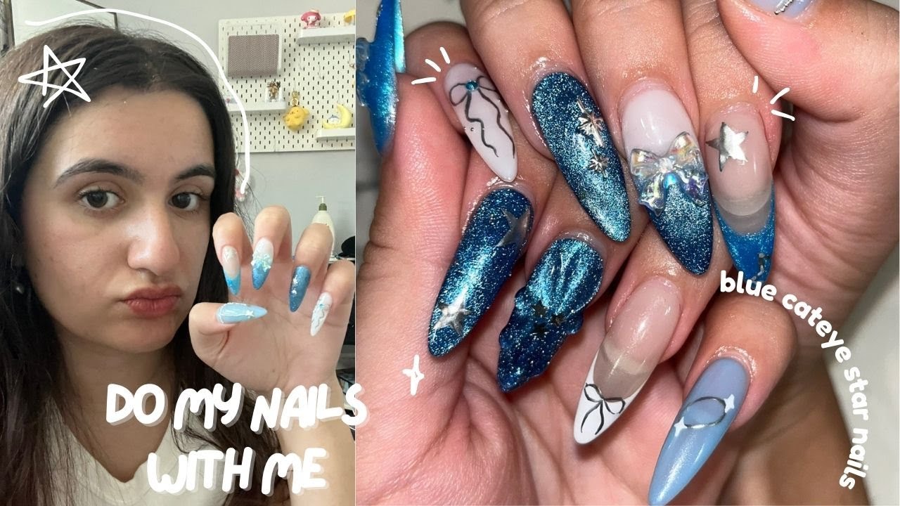 do my nails with me ੈ ‧₊˚ mismatch blue cateye star nails, korean nail ...