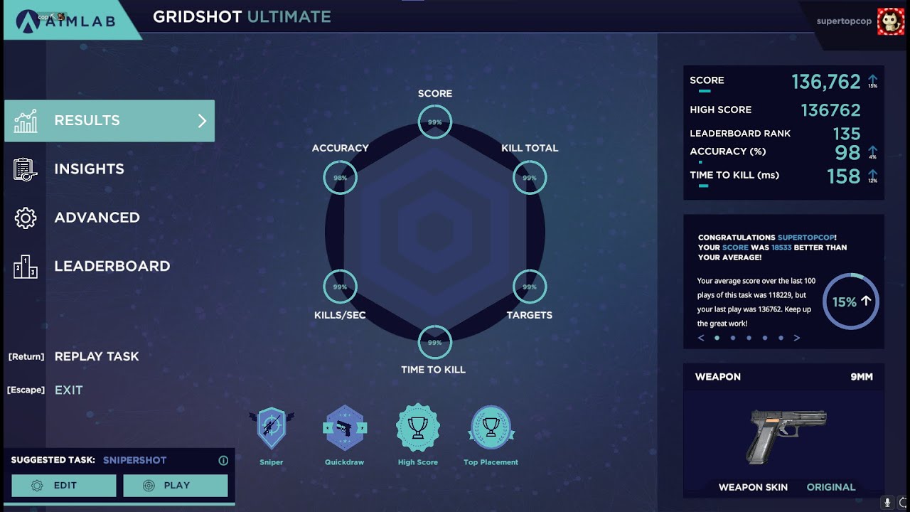 GRIDSHOT ULTIMATE AIM LAB 136,762 98,4% acc 158 ttk - YouTube