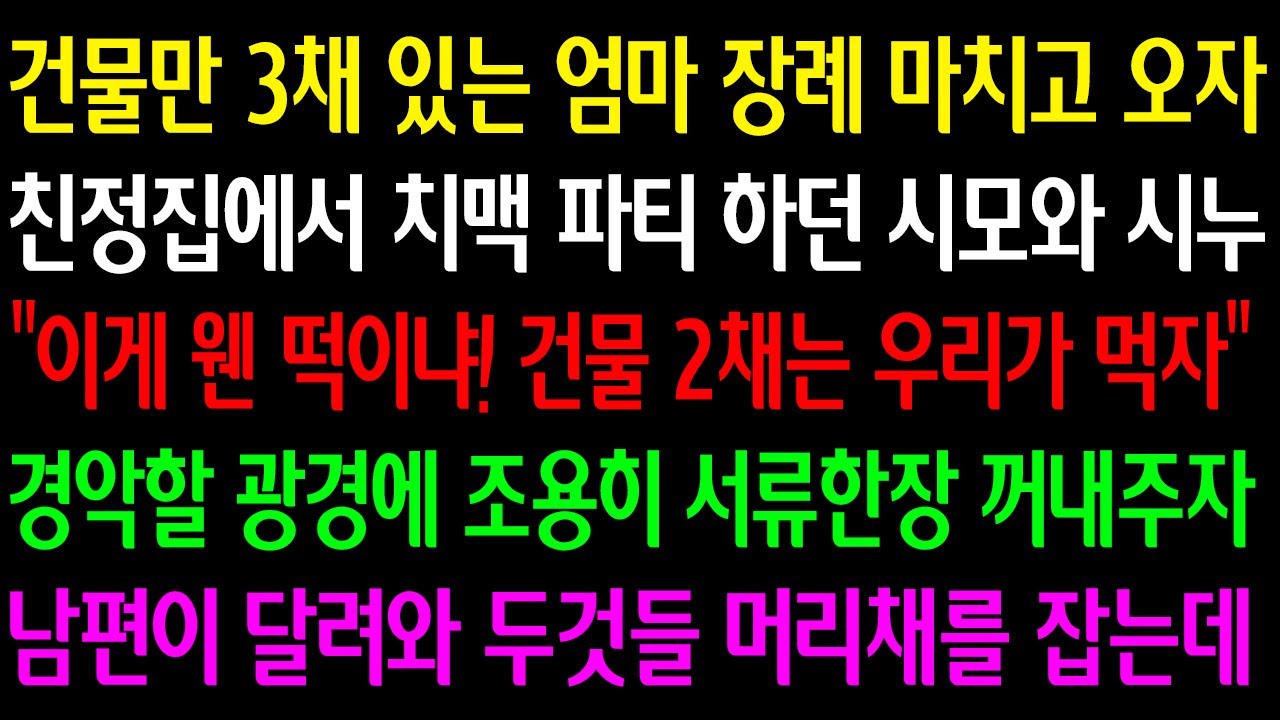 실화사연 건물만 3채 있는 엄마 장례 마치고 오자 치맥 파티 하던 시모와 시누 이게 왠 떡이냐 건물 2채는 우리가 먹자