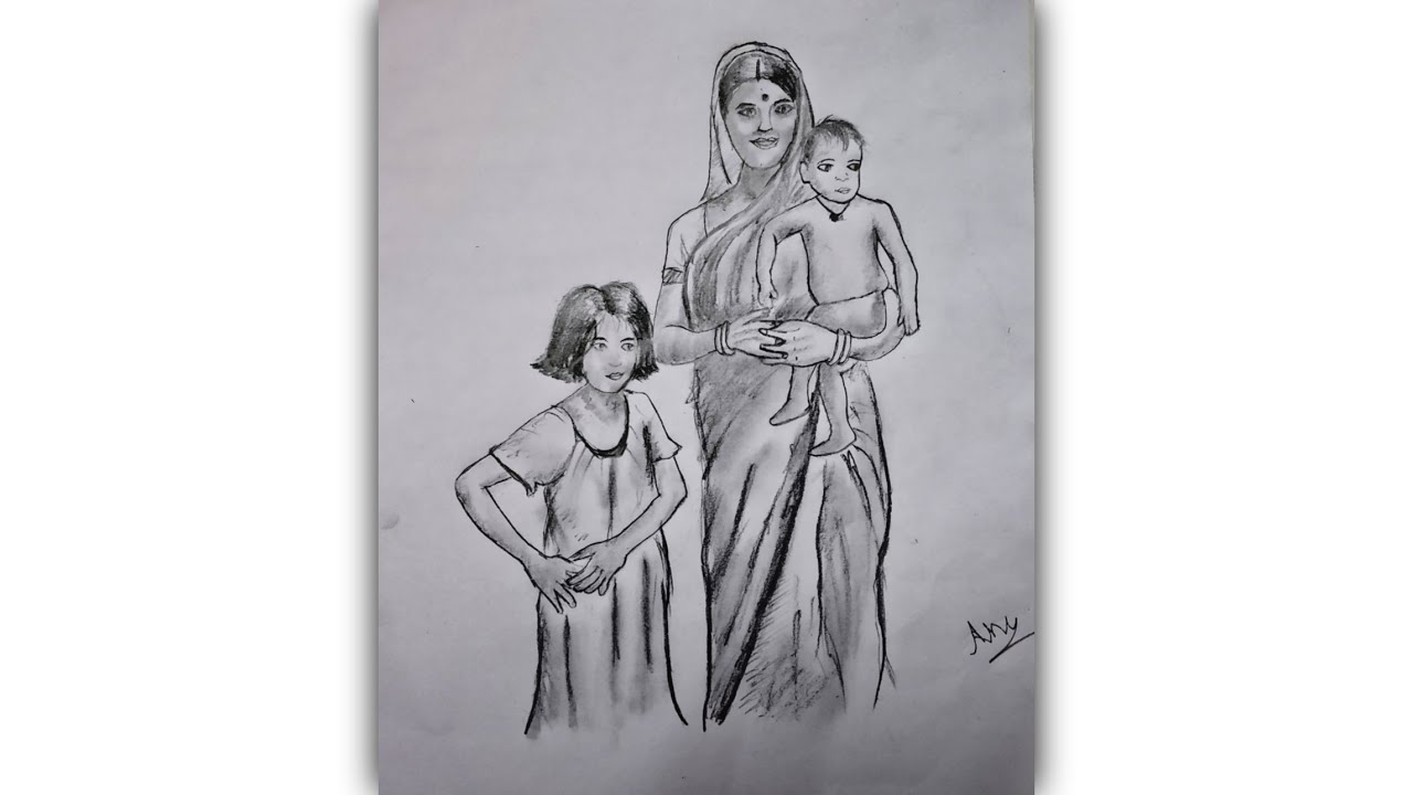 A mother with her two children drawing // easy human Figure drawing for ...