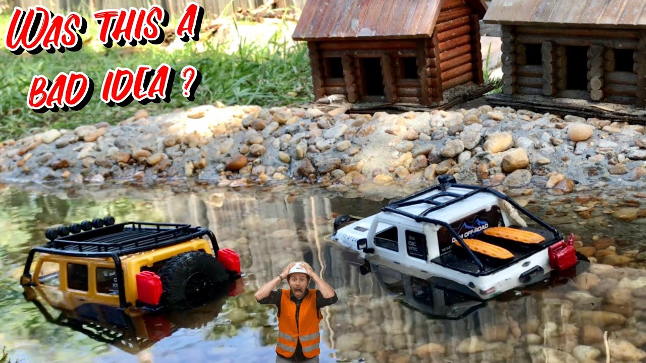 Waterproof Scx24 rigs drive through a Scaled RIVER 💦 / Diy backyard rc ...
