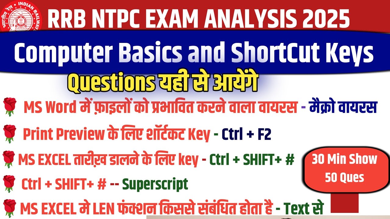 RRB NTPC Exam Review Computer Related Questions || Shortcut keys | MS office - YouTube
