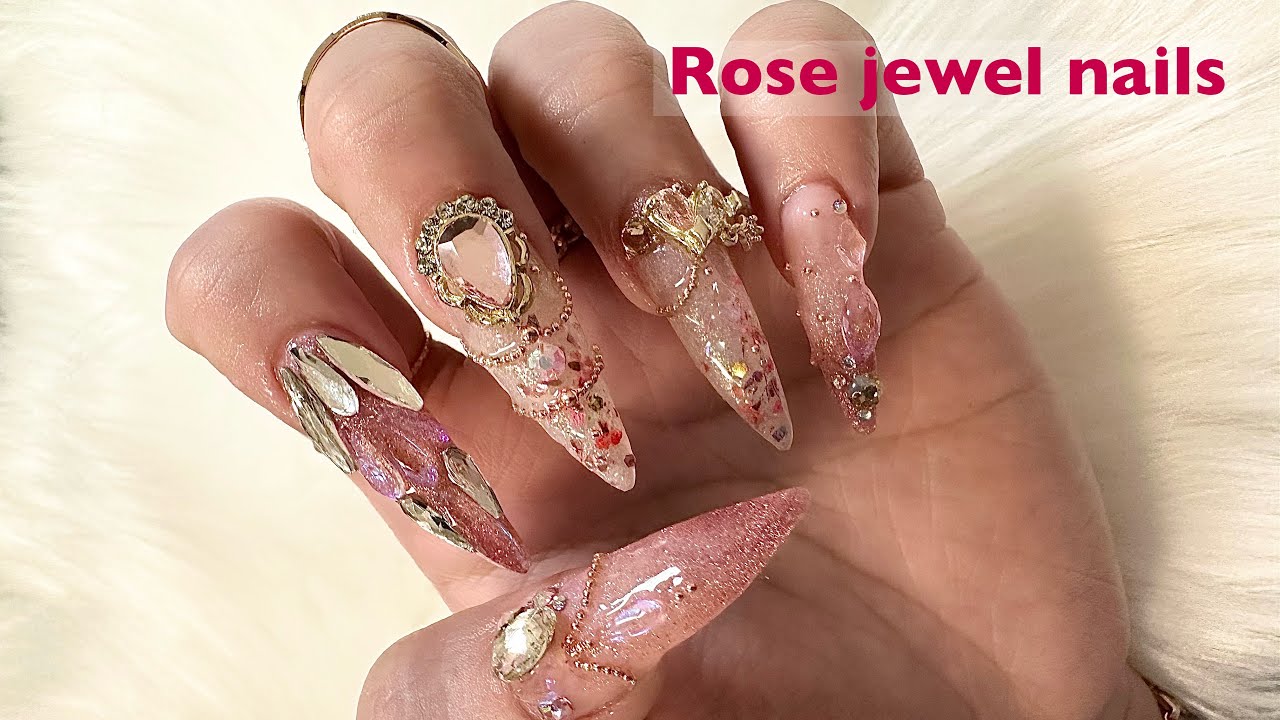 Rose gold jewels nails 🪷 Builder gel extensions / Relaxing nail video ...