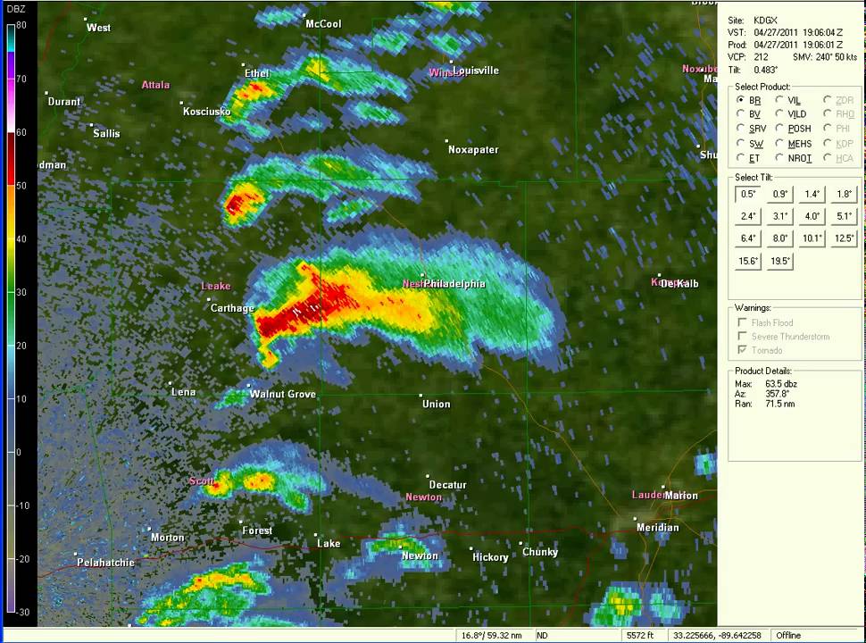 Philadelphia, Mississippi EF-5 Tornado - Base Reflectivity Loop - YouTube