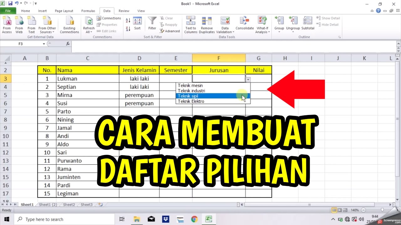 CARA MEMBUAT DAFTAR PILIHAN DI EXCEL - YouTube