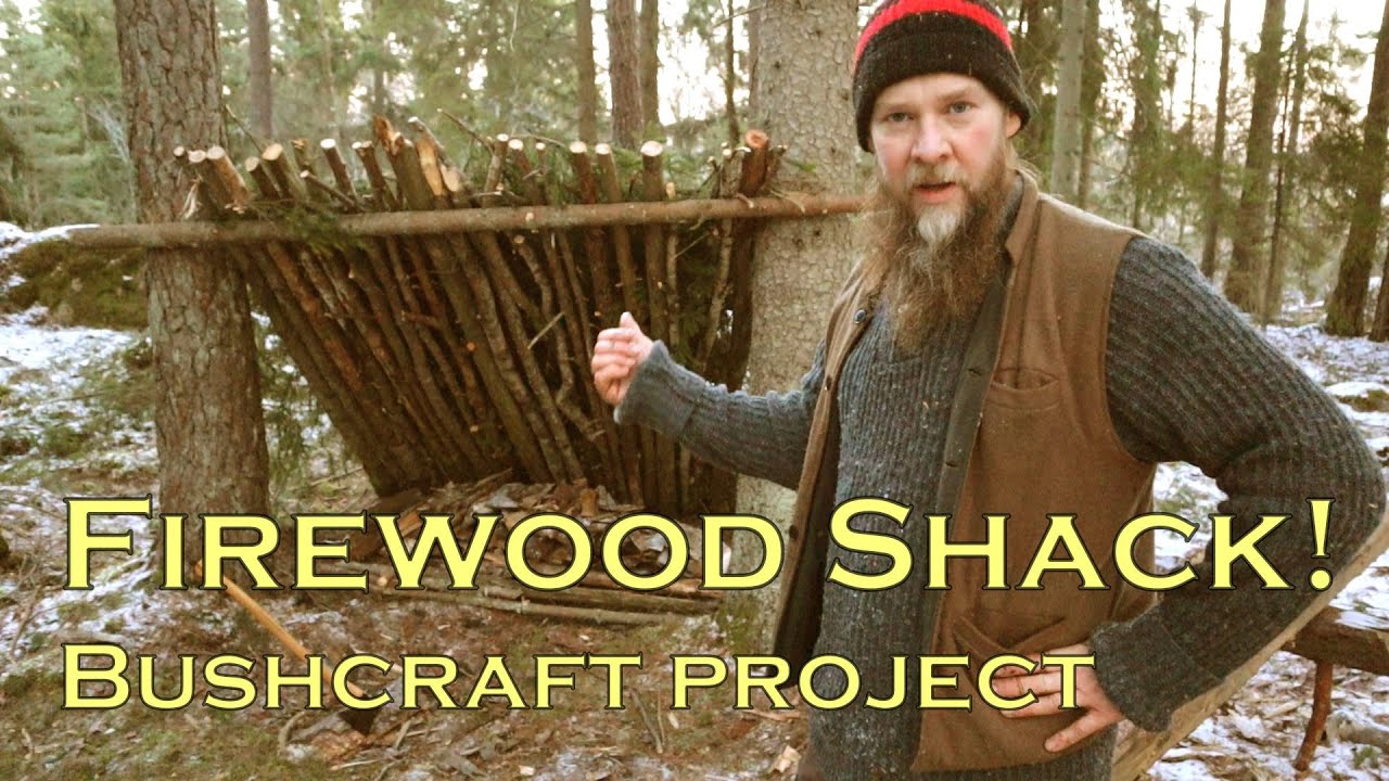 BUSHCRAFT FIREWOOD SHACK! Lean-to build the EASY WAY at my forest camp ...