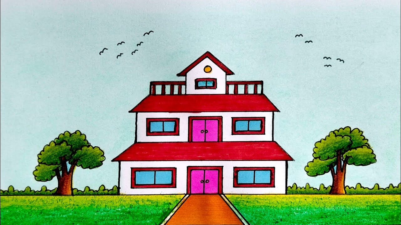 How to Draw a Level 3 House Step by Step | Easy & Beautiful House ...