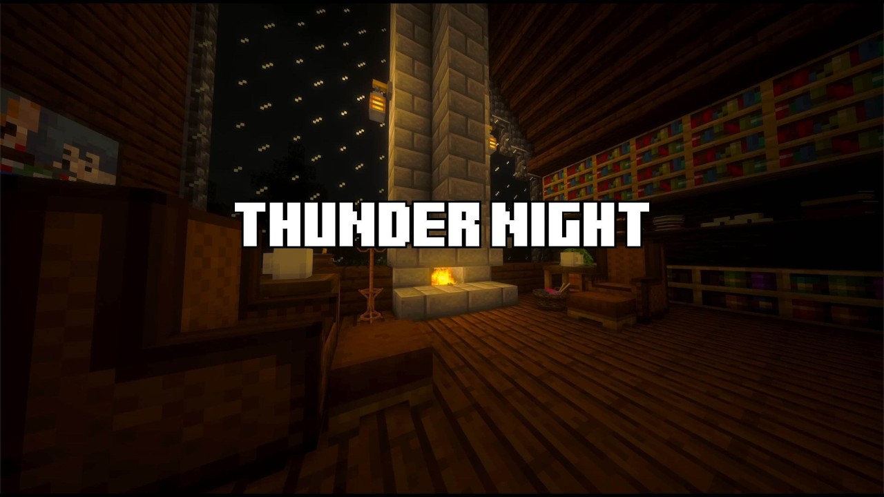 minecraft cozy room | rain, thunder & fireplace night | minecraft music ...