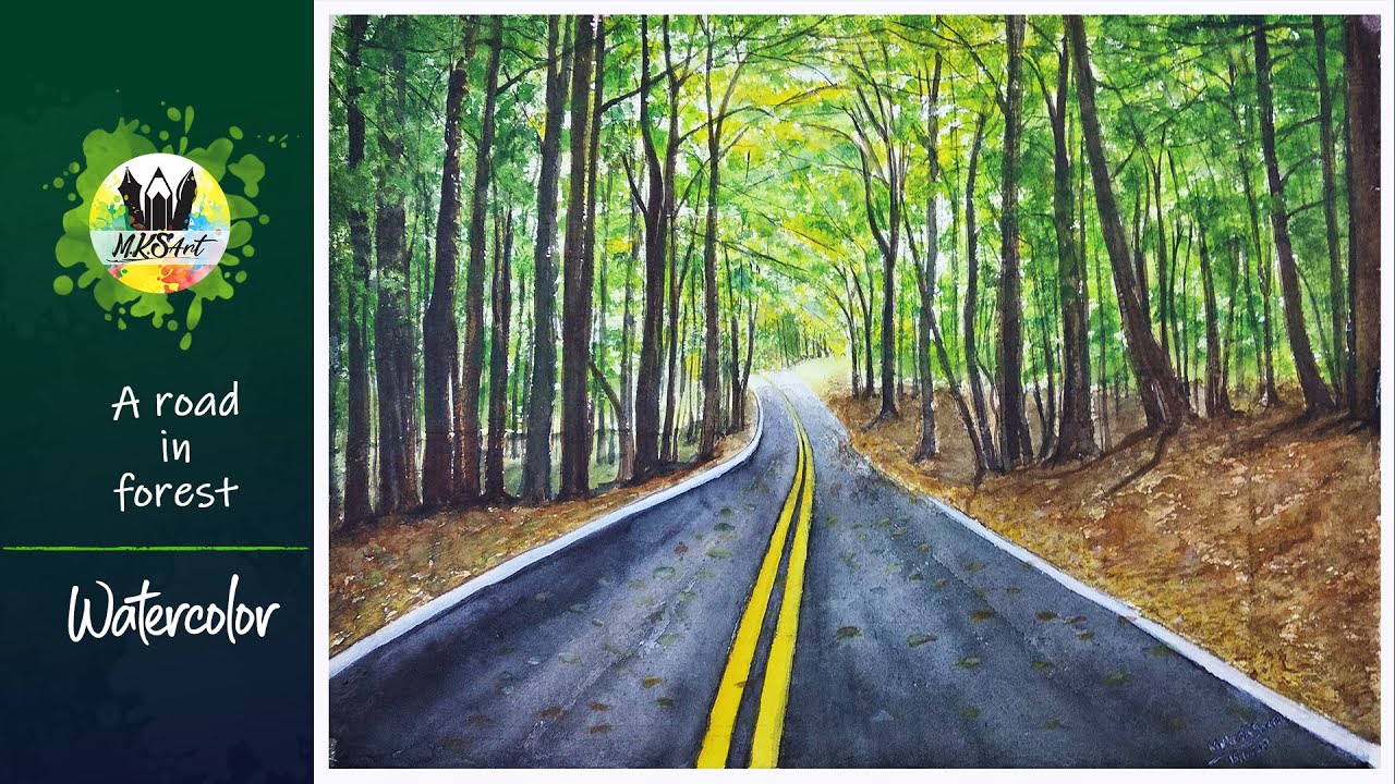 Watercolor Painting of A road in forest | how to paint A road in forest ...