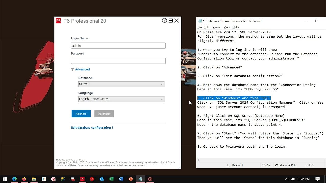 Unable to connect to the database. Please run the Database Configuration tool - Primavera P6 ...