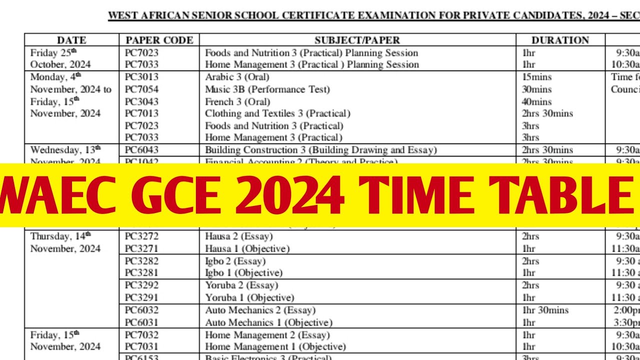 WAEC GCE 2024 Time Table ( Nov/Dec WASSCE GCE) - YouTube