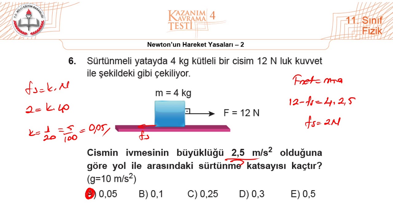11.Sınıf MEB Fizik Kazanım Kavrama Testi-4 (Newtonun Hareket Yasaları-2 ...
