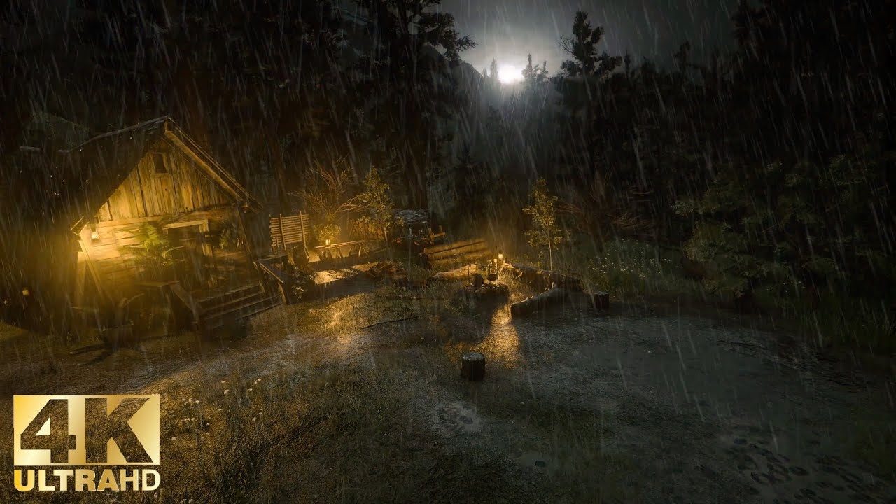 A small lonely cabin in the woods in heavy rain with wind and thunder ...