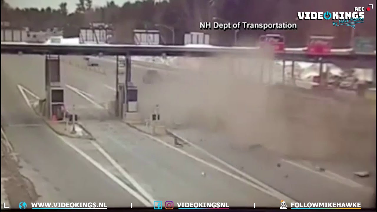Fast moving tractor trailer crashes through toll booth - YouTube