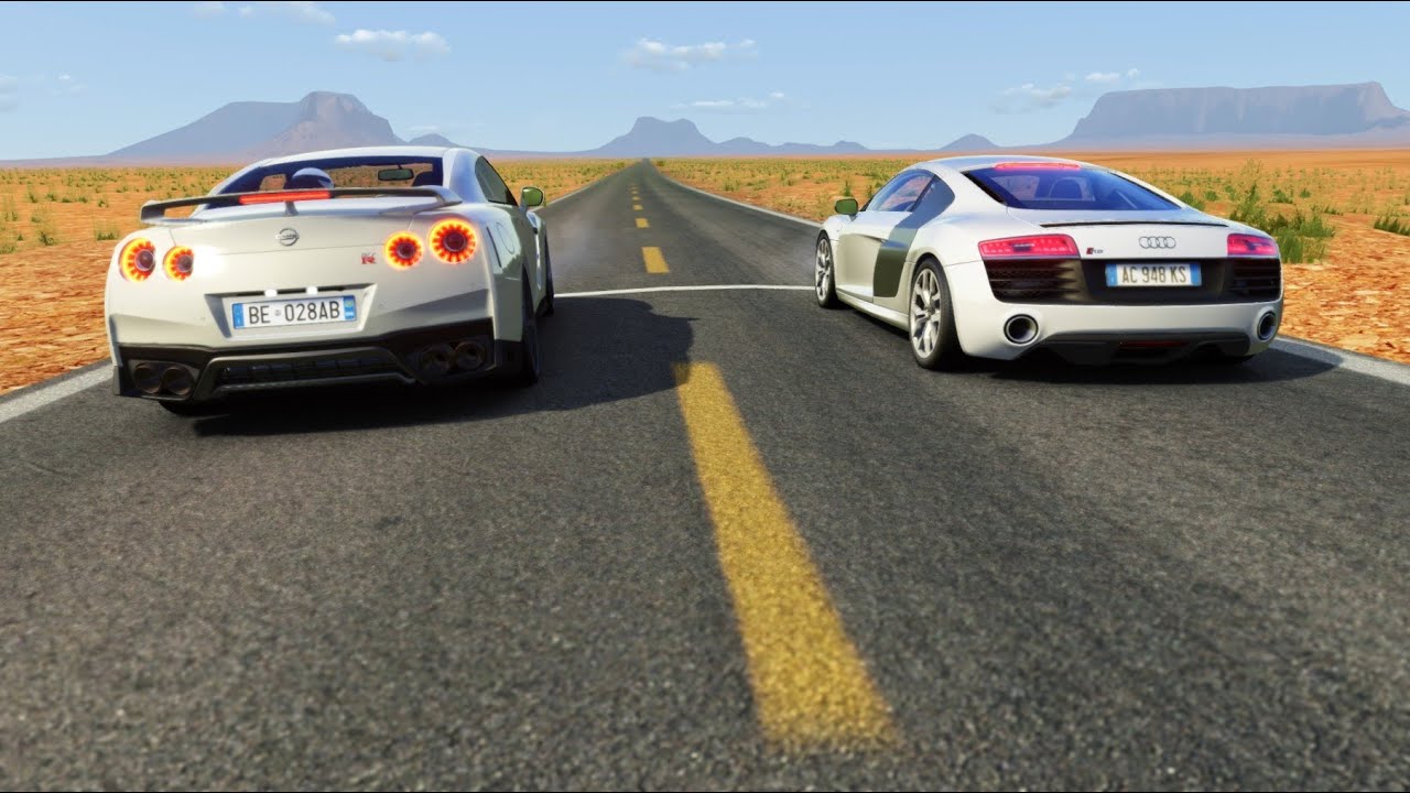 Nissan GT-R 2017 vs Audi R8 V10 Plus 2013 at Monument Valley - YouTube