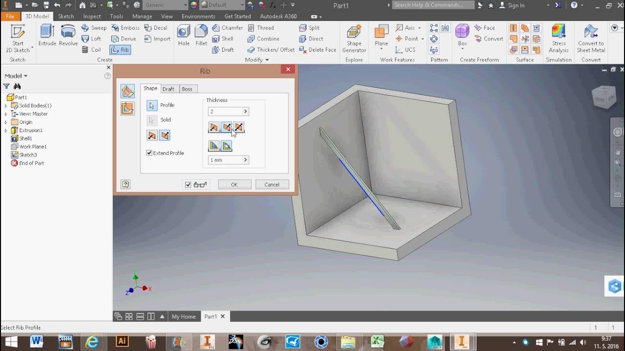 Create Rib in Autodesk Inventor 2017 - YouTube