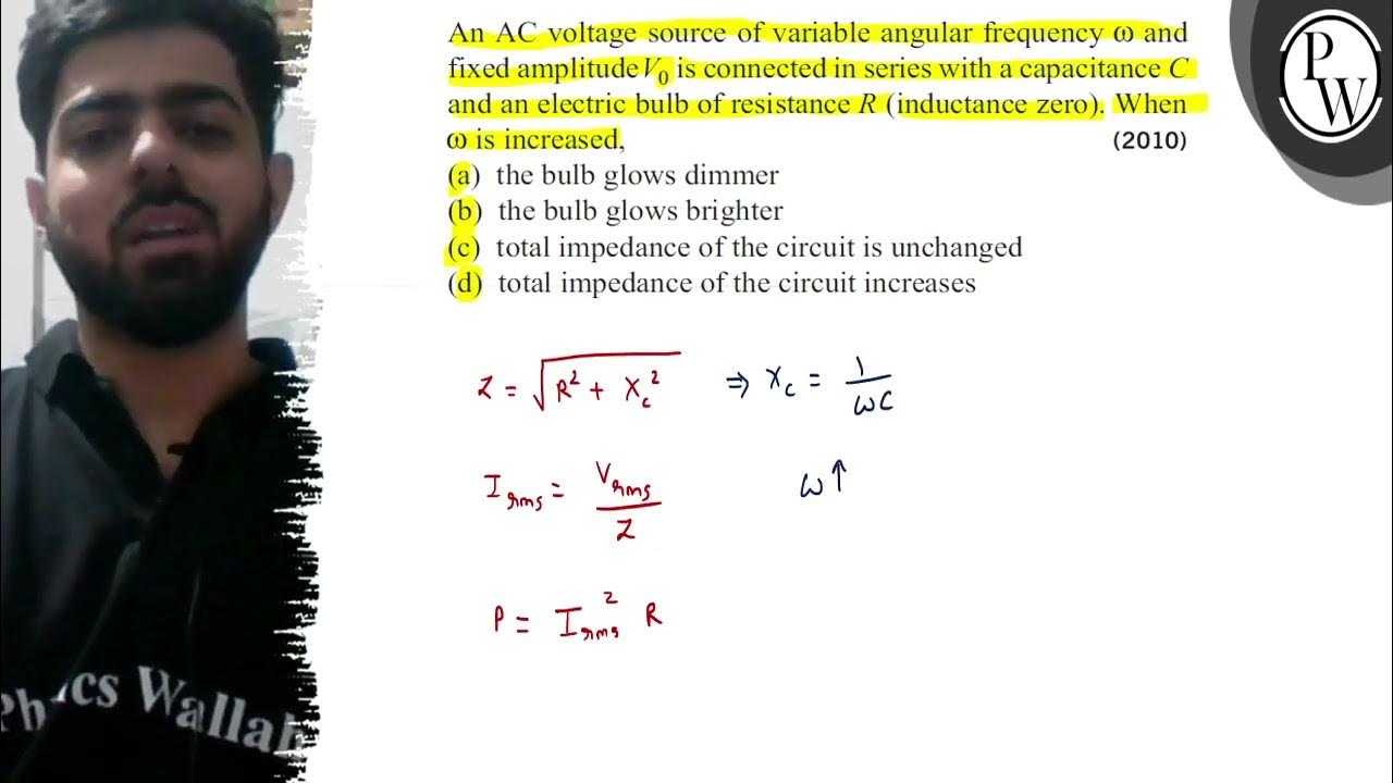 An AC voltage source of variable angular frequency ω and fixed amplitude V_0 is connected in ...