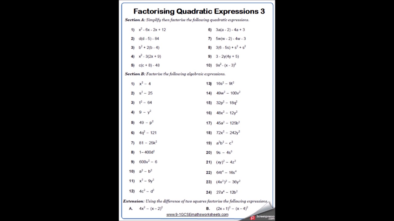 Factorising Expressions Worksheet