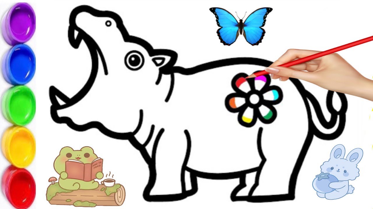 Bolalar uchun kamalak ranglarida yoqimli begemotning rasmini chizing ...