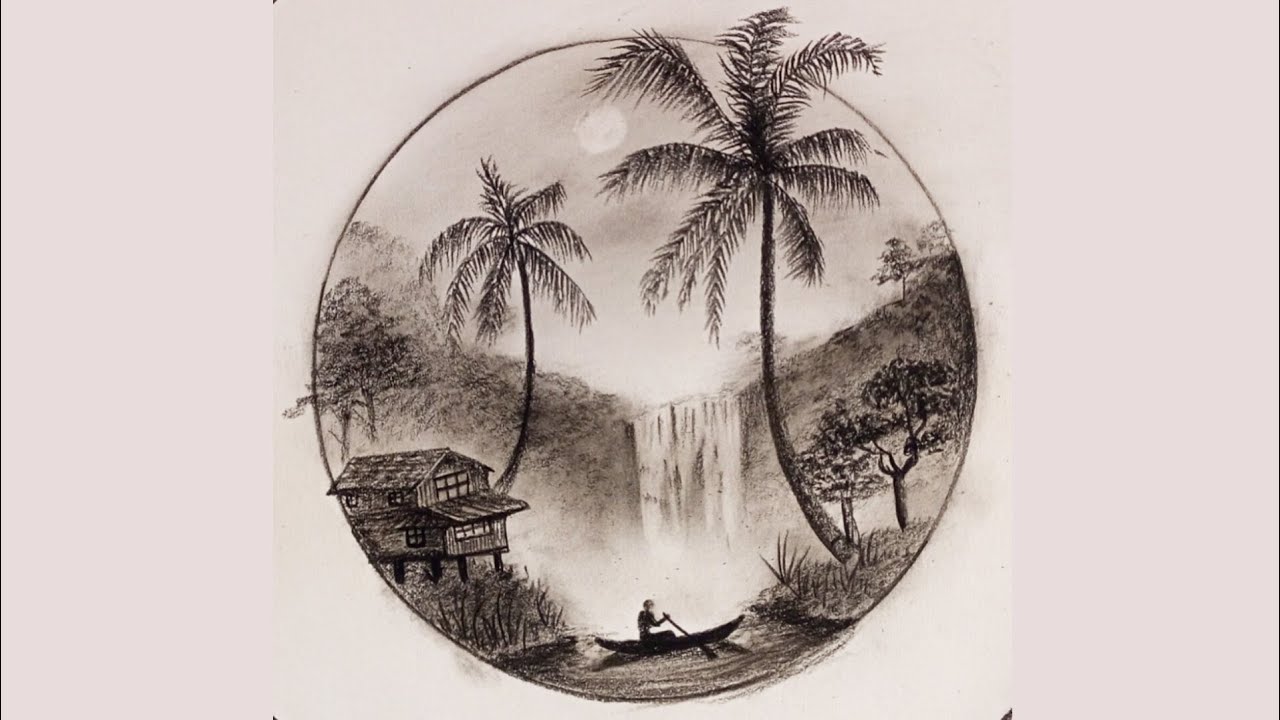 How to draw charcoal drawing landscape easy | water fall in mountains ...