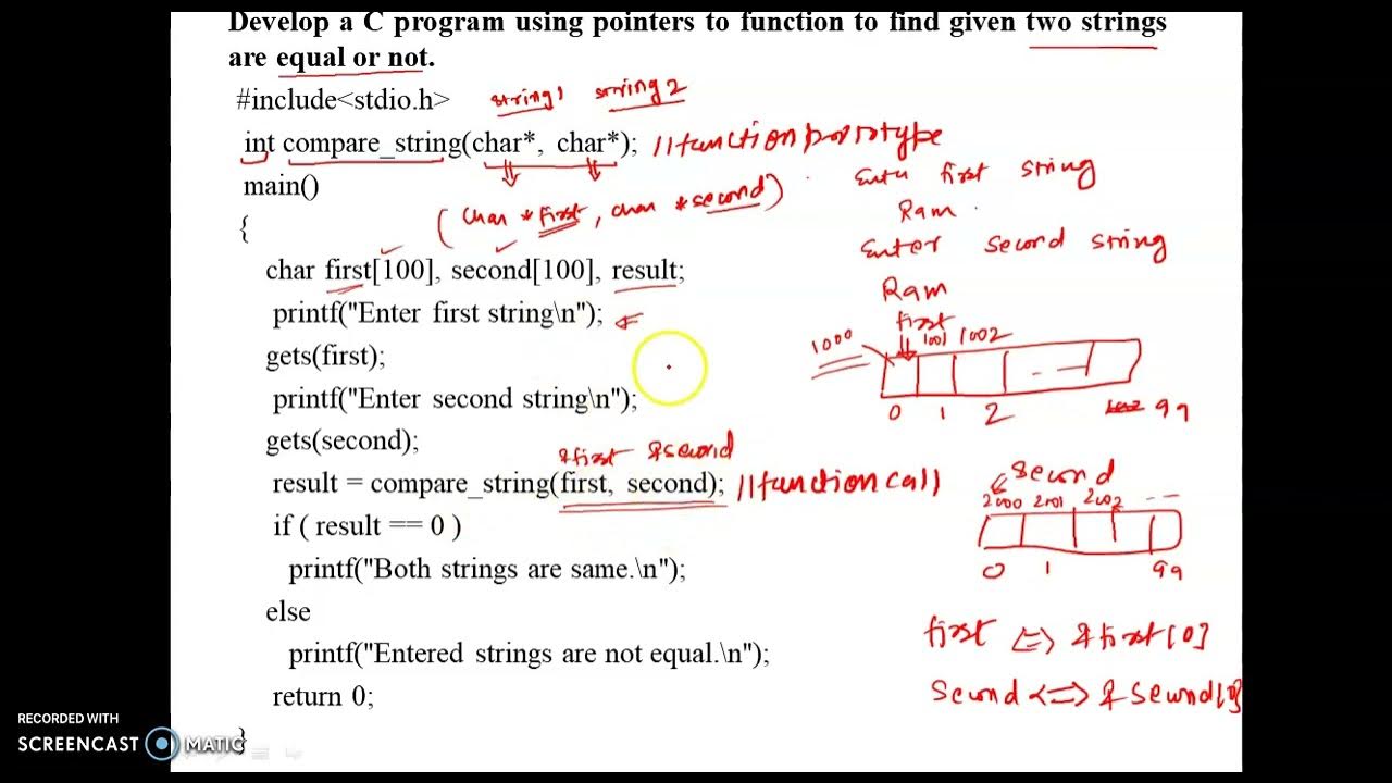 C program using pointers to function to find given two strings are equal or not. - YouTube