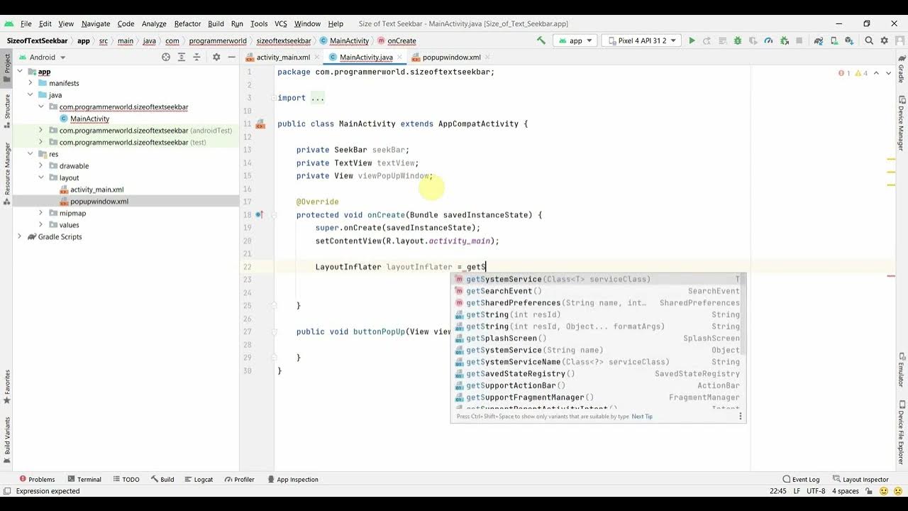 How to control the size of the text using the seekbar in the floating window in your Android App ...