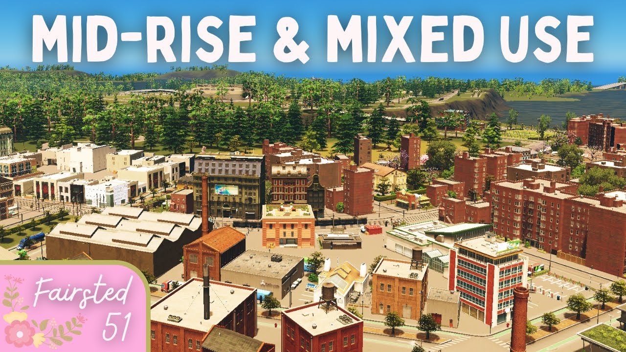 Mid-rise, mixed use downtown neighborhood in Cities Skylines ...