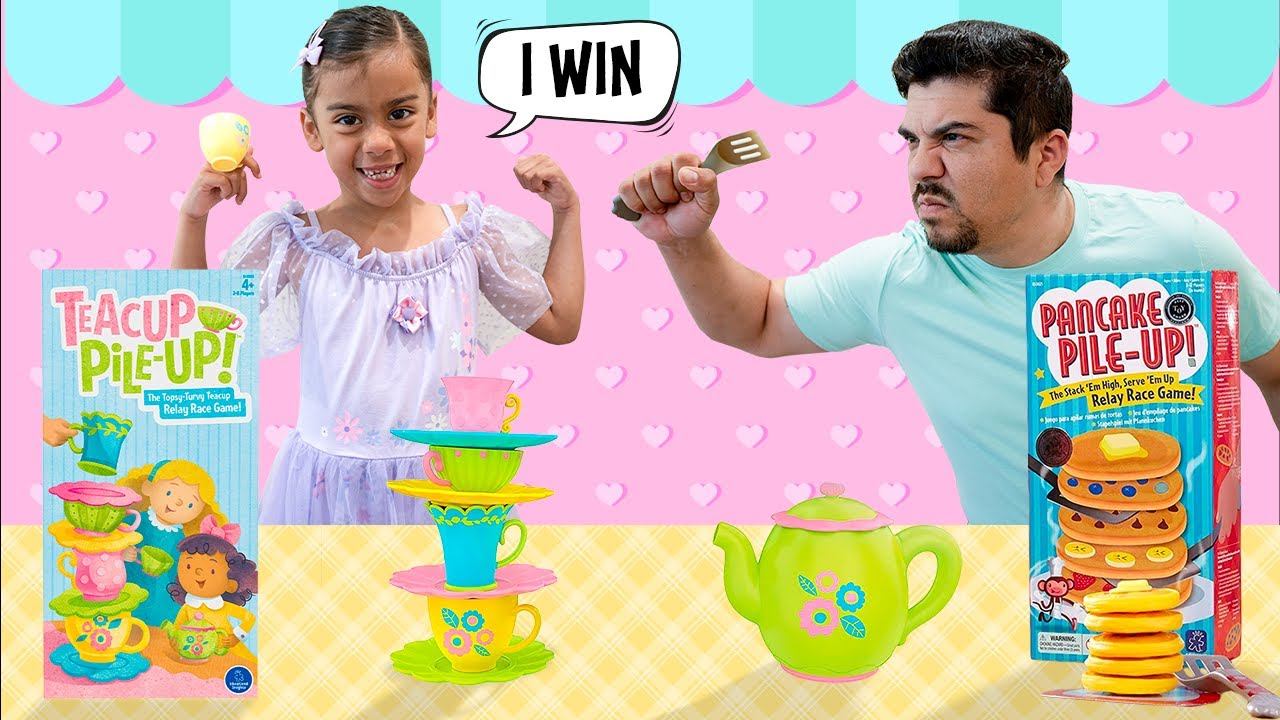 Family FUN Board GAME CHALLENGE!! Tea Cup Pile-up relay race game ...