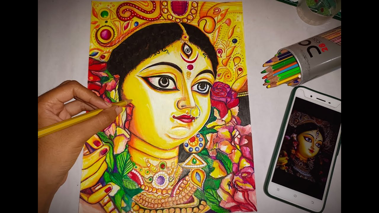 MAA Durga portrait Drawing🌾🪔 , step by step - YouTube