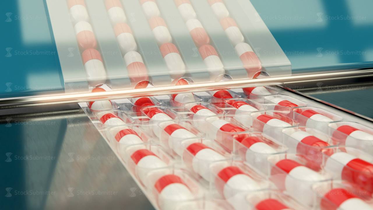 Drug Production. Pharmaceutical machinery for medicine production Pills ...